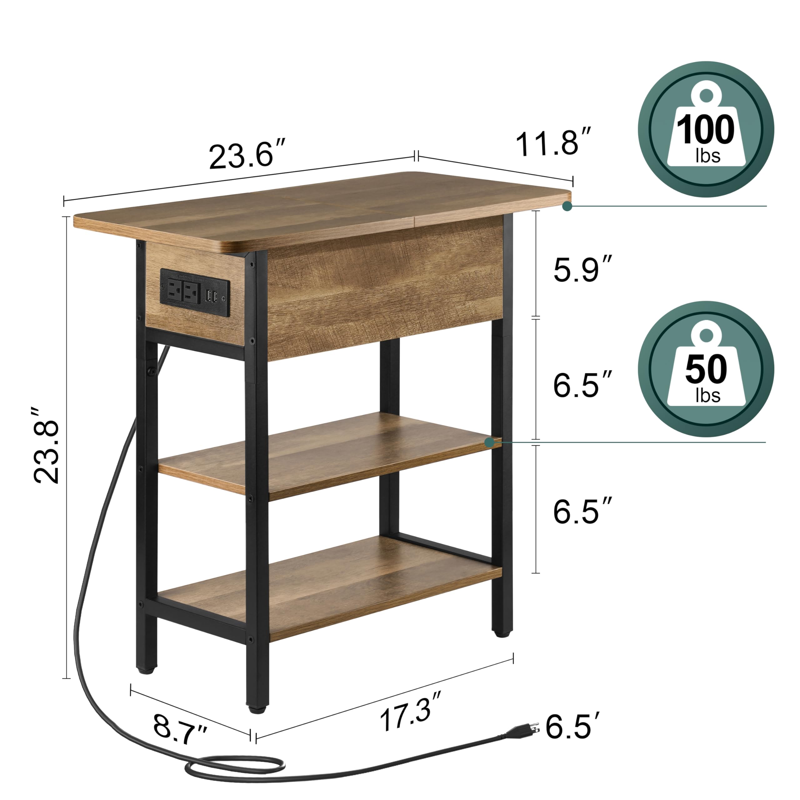 Yoobure End Table with Charging Station, Flip Top Side Table with USB Ports and Outlets, Sofa Couch Table Bedside Table for Living Room Bedroom, Narrow Nightstand with Storage Shelves for Small Space