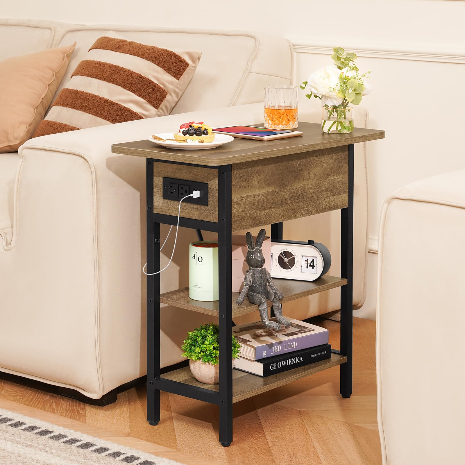 Yoobure End Table with Charging Station, Flip Top Side Table with USB Ports and Outlets, Sofa Couch Table Bedside Table for Living Room Bedroom, Narrow Nightstand with Storage Shelves for Small Space