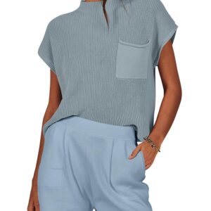 ANRABESS Women's Two Piece Summer Outfits Knit Sweater Short Sets Pullover Tops & Shorts Lounge Matching Clothes Set Sky X-Large