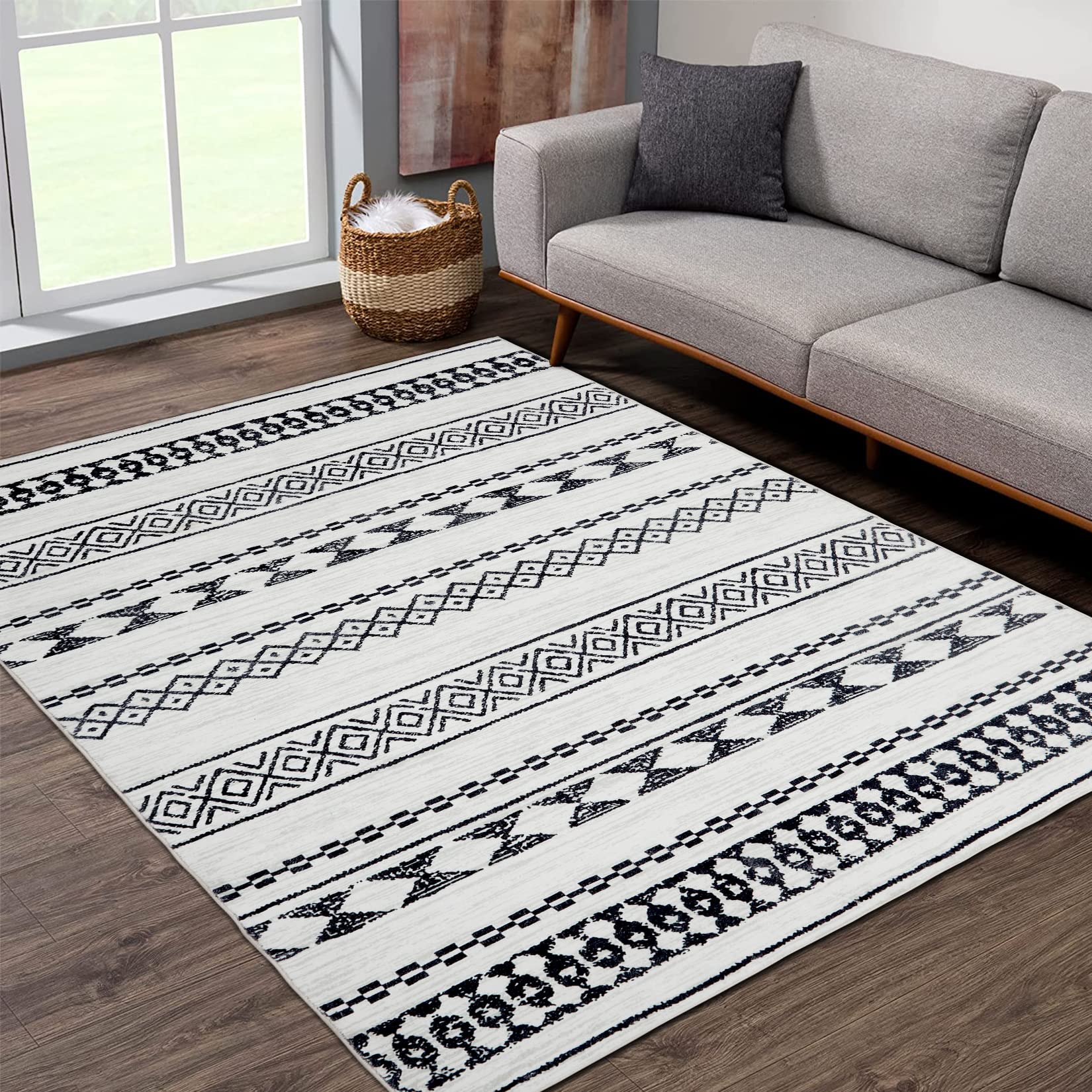 ROYHOME 8x10 Washable Rug for Living Room Bohemian Farmhouse Area Rug Stain Resistant Area Rug Modern Geometric Area Rug for Bedroom Dining Room Home Office, 8' x 10' Black/White