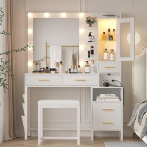 cszzd makeup vanity desk with mirror and lights, white vanity table set with charging station, led cabinet, 5 drawers & storage bag, 3 lighting modes, bedroom vanity mirror with lights desk and chair