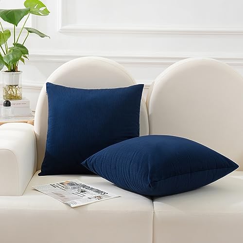 JIAHANNHA Velvet Navy Blue Throw Pillow Covers 18x18 Inches Set of 2 Soft Decorative Striped Design Square Cushion Covers for Couch Sofa Bed Livingroom Car,45x45Cm