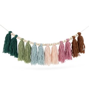 rainbow boho tassel garland with wood beads colorful wall hanging garland party baby shower decor decorative banner pastel tassel garland for kids room classroom bedroom nursery home decoration