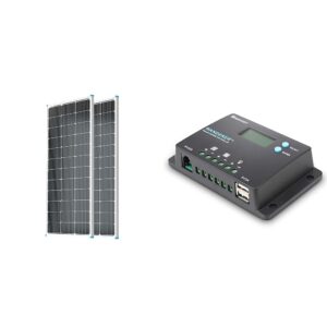 renogy 2pcs solar panels 100 watt 12 volt, high-efficiency monocrystalline pv module power charger, 2-pack & 10 amp 12v/24v pwm negative ground solar charge controller compact design w/lcd display