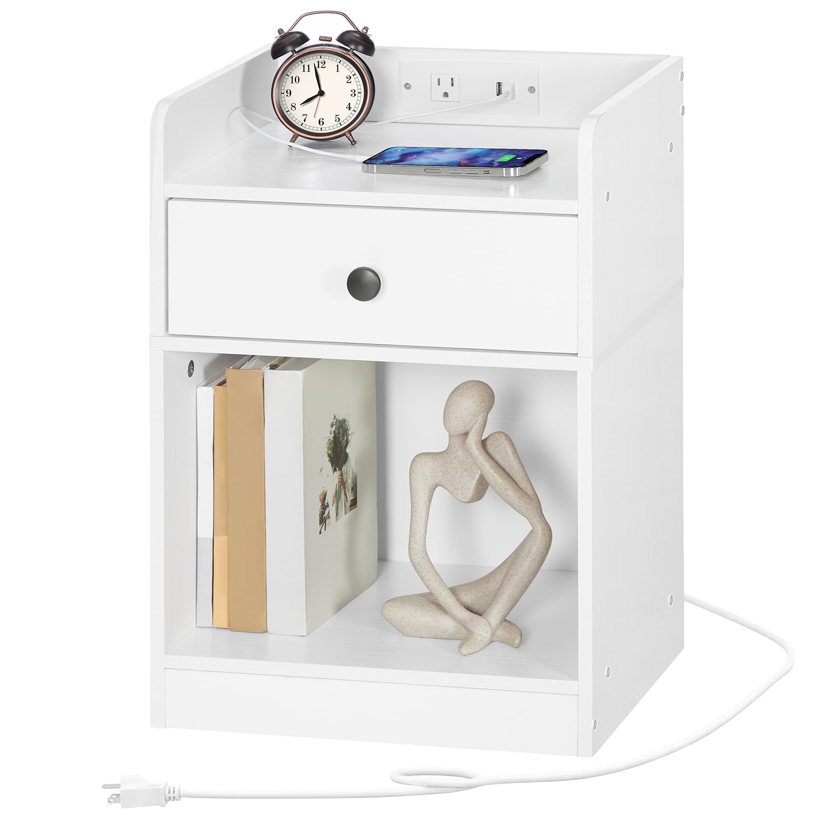 HOOBRO Nightstand with Charging Station, End Table with Drawer and Opening Shelf, Side Table with USB Ports and Outlets, Bedside Table for Bedroom, Small Night Stand Simple Style, White WT18UBZ01