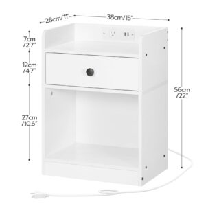 HOOBRO Nightstand with Charging Station, End Table with Drawer and Opening Shelf, Side Table with USB Ports and Outlets, Bedside Table for Bedroom, Small Night Stand Simple Style, White WT18UBZ01