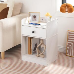 HOOBRO Nightstand with Charging Station, End Table with Drawer and Opening Shelf, Side Table with USB Ports and Outlets, Bedside Table for Bedroom, Small Night Stand Simple Style, White WT18UBZ01