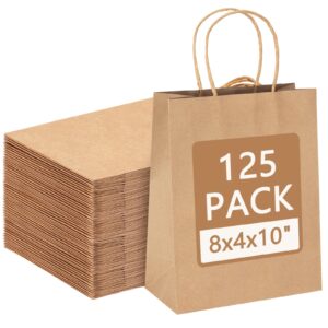 moretoes 125pcs paper bags with handles, 8x4x10 inch medium sizes gift bags bulk, brown paper bags for small business, shopping bags, retail bags, party bags, favor bags