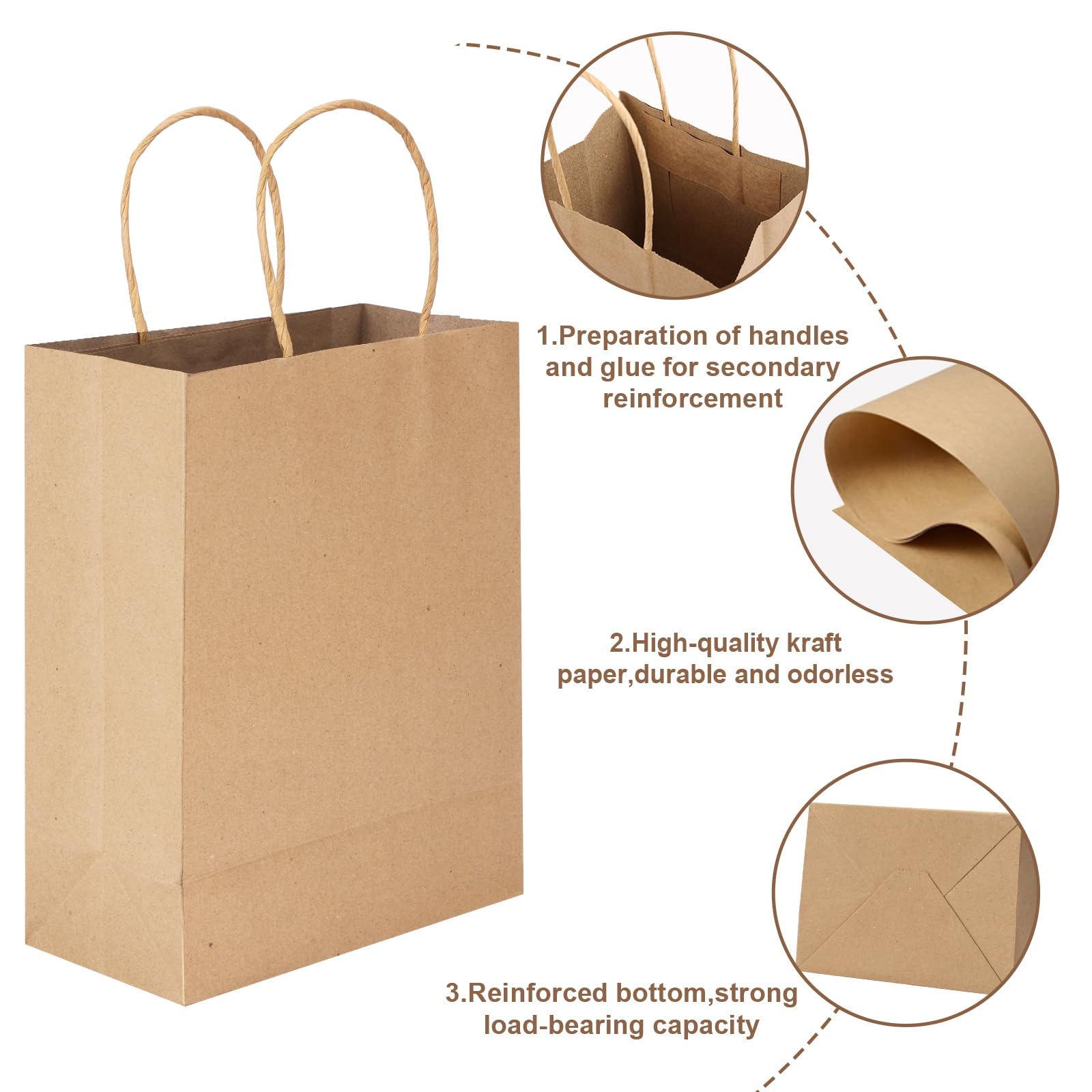 Moretoes 125pcs Paper Bags with Handles, 8x4x10 Inch Medium Sizes Gift Bags Bulk, Brown Paper Bags for Small Business, Shopping Bags, Retail Bags, Party Bags, Favor Bags