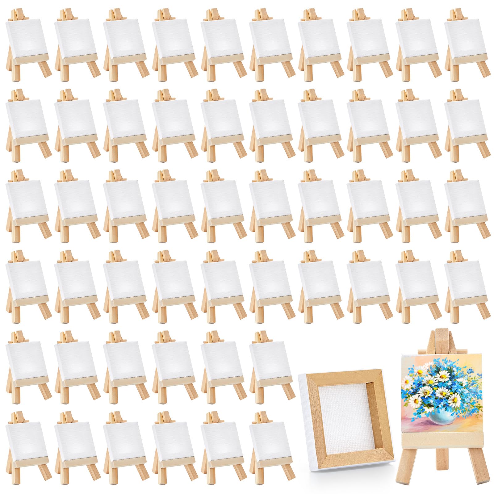 Colarr 2 x 2 Inch 50 pack Mini Canvas Easel Set Stretched Canvases for Painting Mini Canvas and Wood Display Easel with Smooth Back for Kids Beginners Painting Class Party Decoration Miniature Artwork