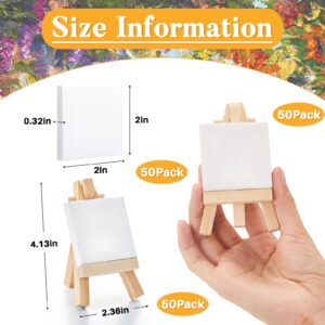 Colarr 2 x 2 Inch 50 pack Mini Canvas Easel Set Stretched Canvases for Painting Mini Canvas and Wood Display Easel with Smooth Back for Kids Beginners Painting Class Party Decoration Miniature Artwork