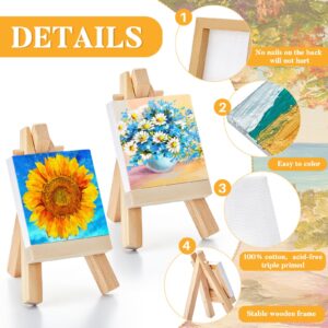 Colarr 2 x 2 Inch 50 pack Mini Canvas Easel Set Stretched Canvases for Painting Mini Canvas and Wood Display Easel with Smooth Back for Kids Beginners Painting Class Party Decoration Miniature Artwork