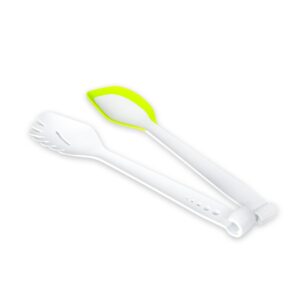 grand fusion 5 in 1 tongs. serving set for pasta or salad, herb stripper, sauce spoon, spatula - scrapper,fork and spoon spatula grips. heat resistant, non-stick, and bpa free