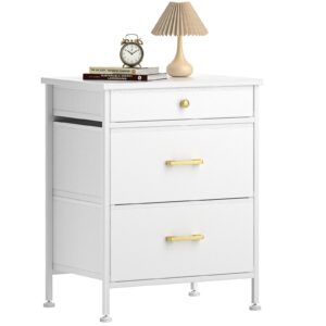 gipgiper nightstand with 3 drawers, night stand dresser for bedroom, small dresser with fabric bins, leather finish, modern bedside table end side table for living room, dorm, closet, nursery, white