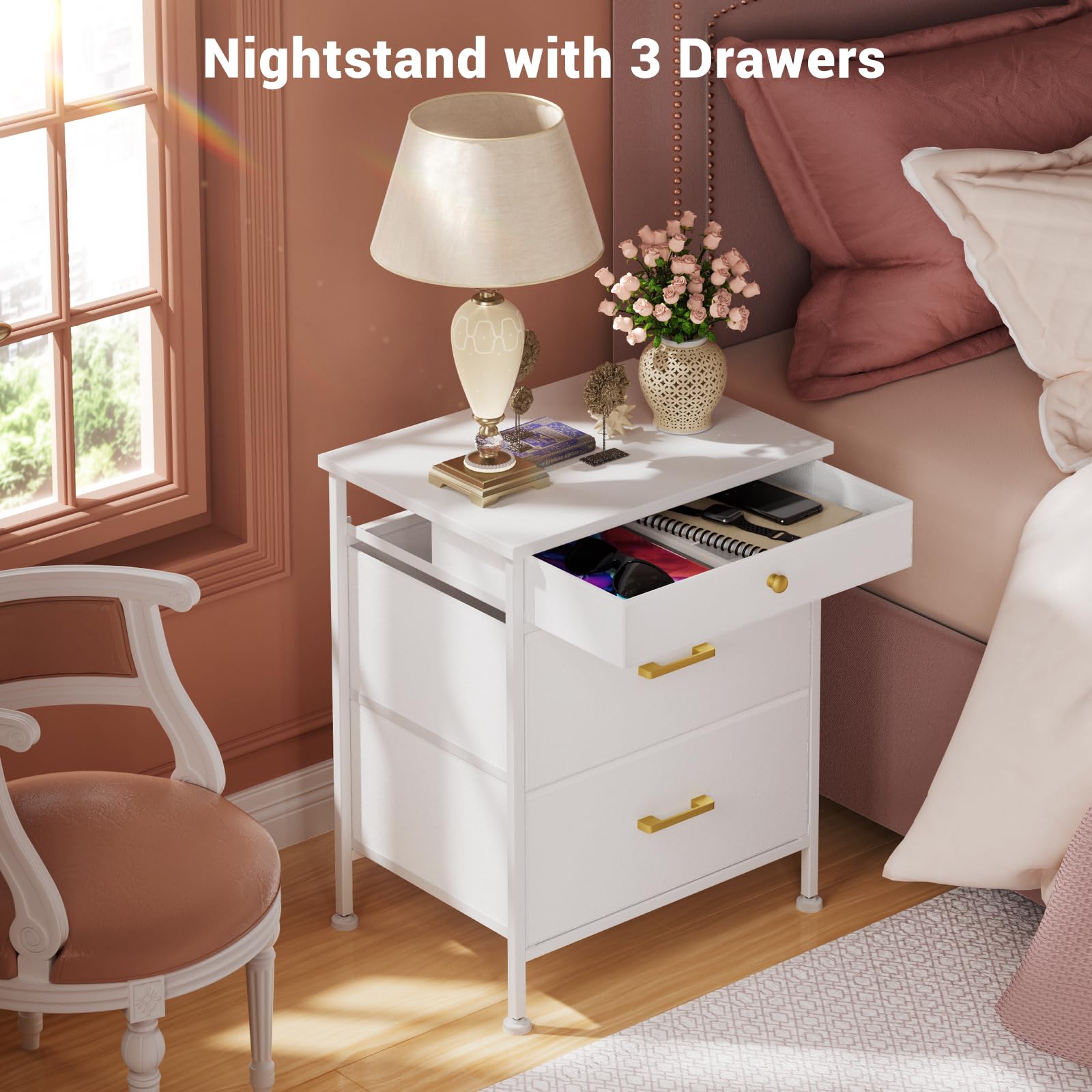 GipGiper Nightstand with 3 Drawers, Night Stand Dresser for Bedroom, Small Dresser with Fabric Bins, Leather Finish, Modern Bedside Table End Side Table for Living Room, Dorm, Closet, Nursery, White