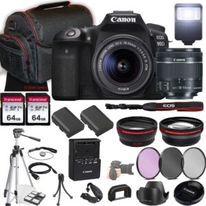 canon eos rebel 90d dslr camera w/ef-s 18-55mm f/4-5.6 is stm lens + 2x 64gb memory + case + filters + tripod + more (35pc bundle) (renewed)