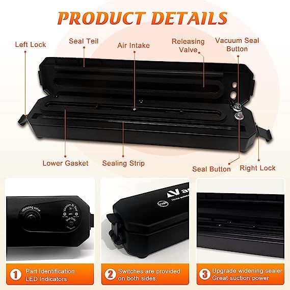 Vacuum Sealer Machine - Food Vacuum Sealer Automatic Air Sealing System for Food Storage Dry and Moist Food Modes with 10Pcs Seal Bags Starter Kit (Black)