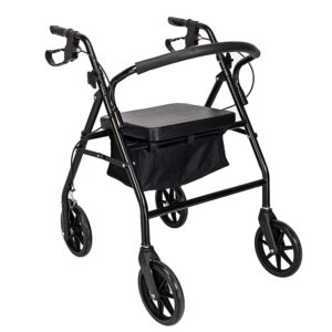 rollator walker with seat, steel rolling walker with 8-inch wheels supports up to 286.6lbs,rolling, for injuries, seniors, & adults (black)