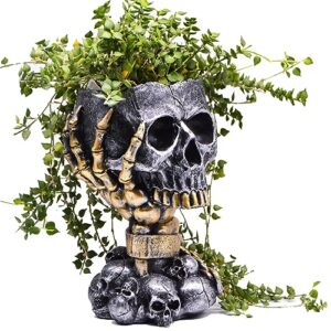 jytti skull planter, skull vase, gothic planter, skull flower pot, goth plant pots, succulent planters for home decor halloween decoration (tall black vase)