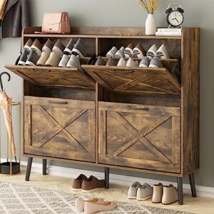 maupvit large shoe cabinet with 4 flip drawers, freestanding shoe organizer with metal drawer bracket for entryway, narrow shoe rack cabinet, 5 sturdy legs, rustic brown