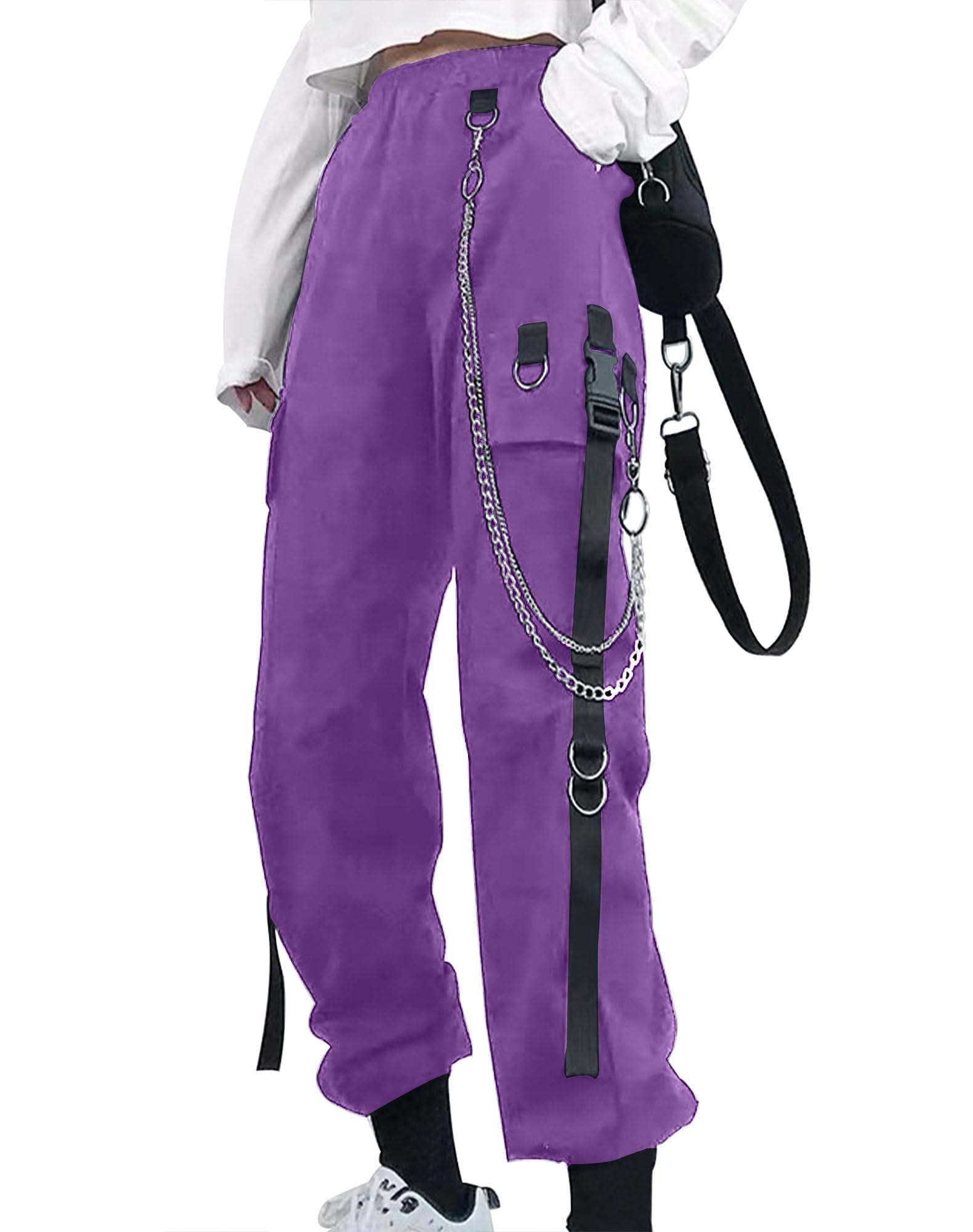 Purple Cargo Pants with Chain Kpop Fashion Gothic Clothes for Women Emo Pants Aesthetic Pants for Teens Cyberpunk Pants