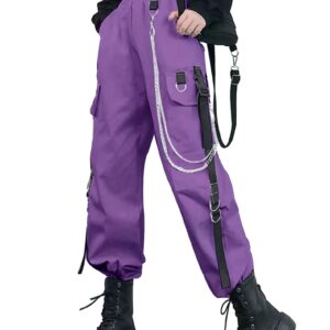 Purple Cargo Pants with Chain Kpop Fashion Gothic Clothes for Women Emo Pants Aesthetic Pants for Teens Cyberpunk Pants