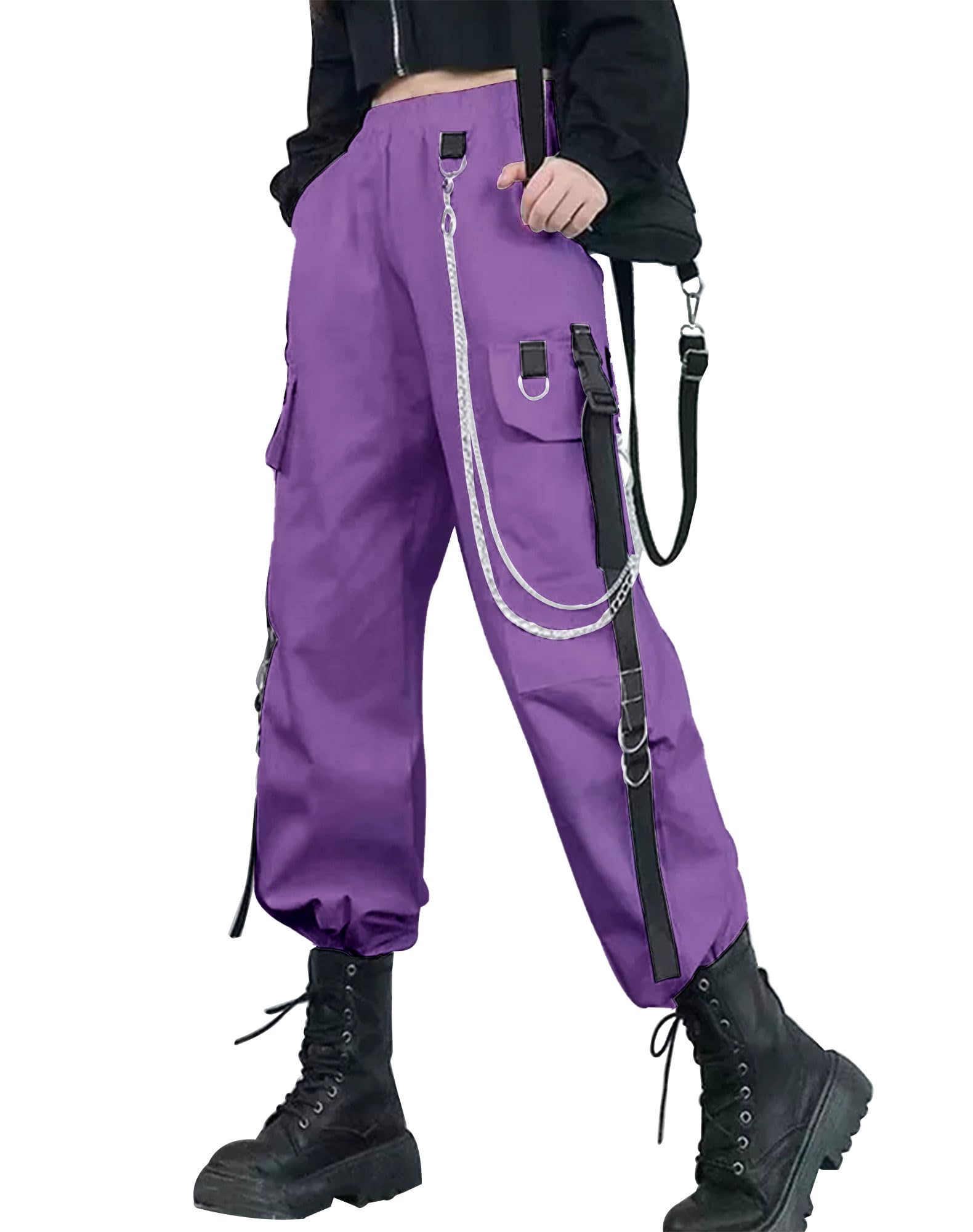 Purple Cargo Pants with Chain Kpop Fashion Gothic Clothes for Women Emo Pants Aesthetic Pants for Teens Cyberpunk Pants