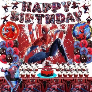 spider birthday party supplies for kids, spider birthday party decorations include backdrop, birthday banner, foil balloons, cupcake toppers, tablecloth for spider theme party