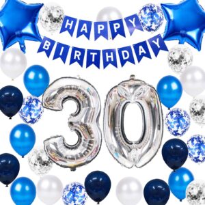 30th birthday party decoration blue silver for men, happy birthday banner number 30 birthday star foil balloons latex confetti balloons for men him boyfriends husband 30 years old birthday(30th)