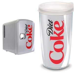 coca-cola diet coke 4l portable cooler/warmer, compact personal travel fridge for snacks lunch drinks & tervis plastic, coca-cola - diet coke tumbler with wrap and frosted lid 16oz, clear