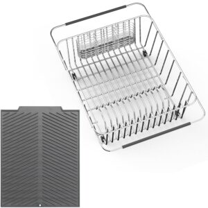 yeecopon dish rack in sink, expandable over the sink dish drying rack with utensil holder and silicone drainage pad (large + 16" silicone pad)