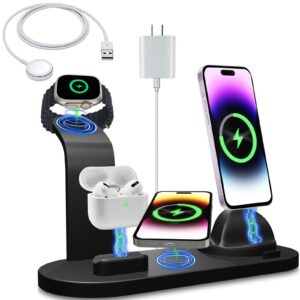 apple 4 in 1 wireless charging station for iphone 15/15 pro max/15 plus iphone 14/13/12/11 series, air pods pro, watch charging for iwatch series 9/8/7/6/se, with adapter & iwatch charging cable