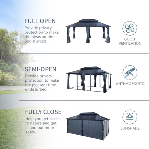 Goohome 12 x 18FT Hardtop Gazebo, Aluminum Frame Double Roof Gazebo Canopy with Mosquito Net and Curtains, Outdoor Permanent Hard Top Waterproof Pergola for Shade and Rain for Lawn, Backyard, Deck