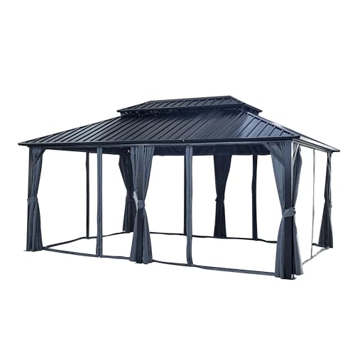 Goohome 12 x 18FT Hardtop Gazebo, Aluminum Frame Double Roof Gazebo Canopy with Mosquito Net and Curtains, Outdoor Permanent Hard Top Waterproof Pergola for Shade and Rain for Lawn, Backyard, Deck