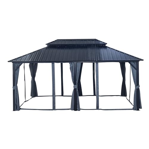 Goohome 12 x 18FT Hardtop Gazebo, Aluminum Frame Double Roof Gazebo Canopy with Mosquito Net and Curtains, Outdoor Permanent Hard Top Waterproof Pergola for Shade and Rain for Lawn, Backyard, Deck