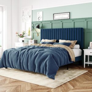 allewie queen bed frame, velvet upholstered platform bed with adjustable vertical channel tufted headboard, mattress foundation with strong wooden slats, box spring optional, easy assembly, blue