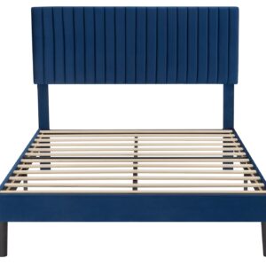 Allewie Queen Bed Frame, Velvet Upholstered Platform Bed with Adjustable Vertical Channel Tufted Headboard, Mattress Foundation with Strong Wooden Slats, Box Spring Optional, Easy Assembly, Blue