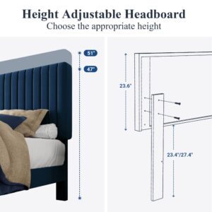 Allewie Queen Bed Frame, Velvet Upholstered Platform Bed with Adjustable Vertical Channel Tufted Headboard, Mattress Foundation with Strong Wooden Slats, Box Spring Optional, Easy Assembly, Blue