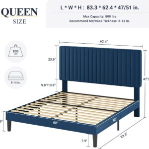 Allewie Queen Bed Frame, Velvet Upholstered Platform Bed with Adjustable Vertical Channel Tufted Headboard, Mattress Foundation with Strong Wooden Slats, Box Spring Optional, Easy Assembly, Blue