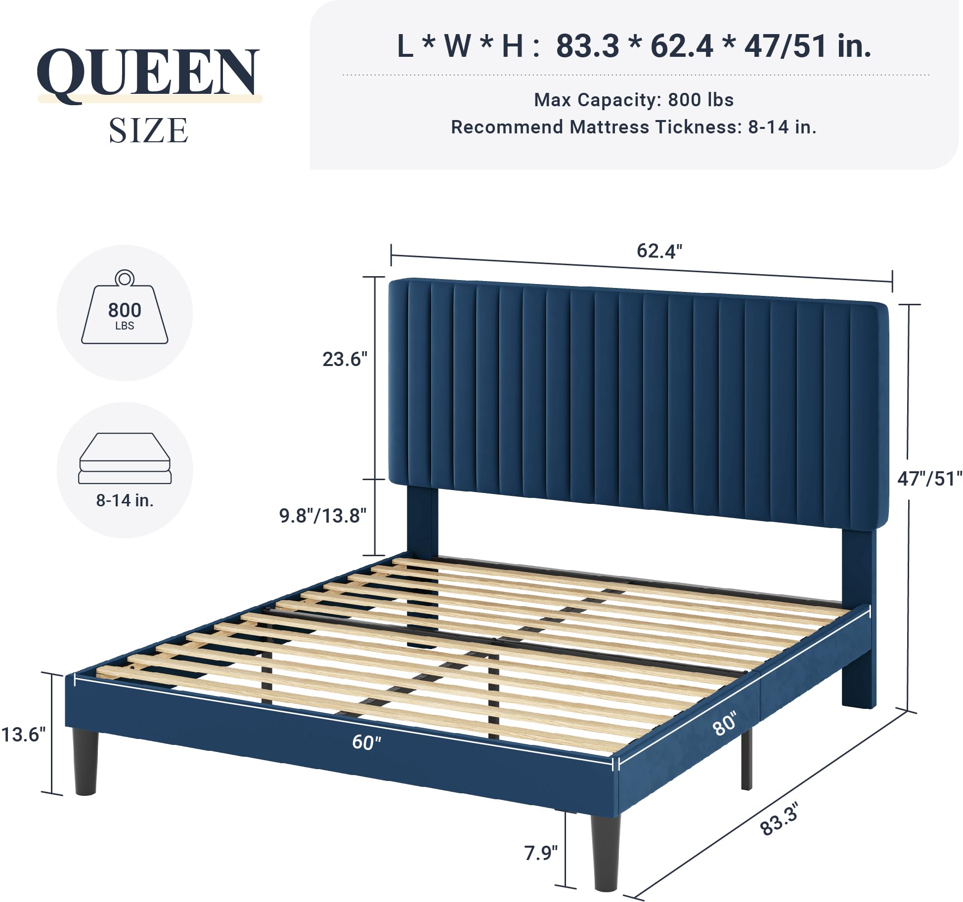 Allewie Queen Bed Frame, Velvet Upholstered Platform Bed with Adjustable Vertical Channel Tufted Headboard, Mattress Foundation with Strong Wooden Slats, Box Spring Optional, Easy Assembly, Blue