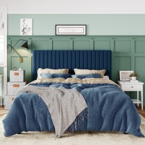 Allewie Queen Bed Frame, Velvet Upholstered Platform Bed with Adjustable Vertical Channel Tufted Headboard, Mattress Foundation with Strong Wooden Slats, Box Spring Optional, Easy Assembly, Blue