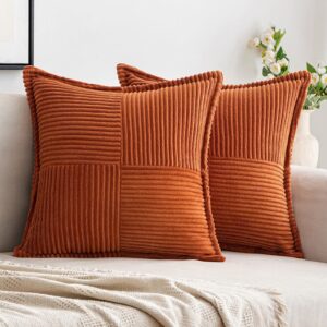 woaboy corduroy pillow covers 18x18 inch rust set of 2 super soft boho striped couch covers broadside splicing decorative textured throw pillows for spring cushion livingroom