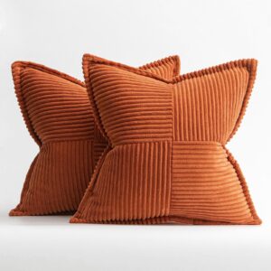 Woaboy Corduroy Pillow Covers 18x18 Inch Rust Set of 2 Super Soft Boho Striped Couch Covers Broadside Splicing Decorative Textured Throw Pillows for Spring Cushion Livingroom