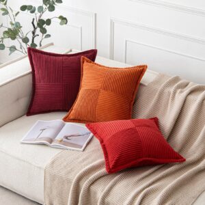 Woaboy Corduroy Pillow Covers 18x18 Inch Rust Set of 2 Super Soft Boho Striped Couch Covers Broadside Splicing Decorative Textured Throw Pillows for Spring Cushion Livingroom