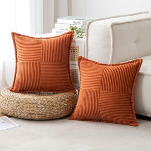 Woaboy Corduroy Pillow Covers 18x18 Inch Rust Set of 2 Super Soft Boho Striped Couch Covers Broadside Splicing Decorative Textured Throw Pillows for Spring Cushion Livingroom