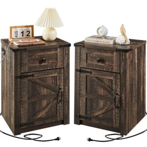 soowery nightstands set of 2, nightstand with charging station, farmhouse end table with barn door and drawer, rustic wood sofa side table for bedroom, living room, dark rustic oak