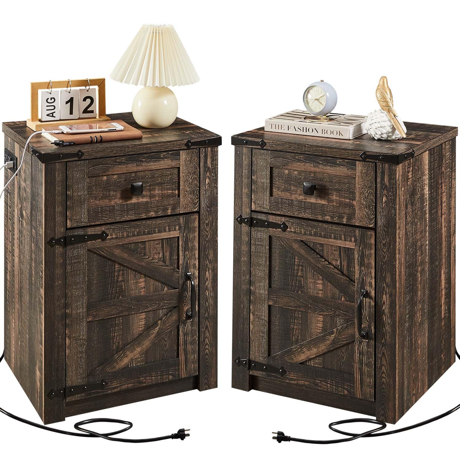 SOOWERY Nightstands Set of 2, Nightstand with Charging Station, Farmhouse End Table with Barn Door and Drawer, Rustic Wood Sofa Side Table for Bedroom, Living Room, Dark Rustic Oak