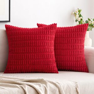 woaboy pack of 2 red corduroy decorative throw pillow covers 18x18 inch couch pillow covers soft boho throw pillows modern farmhouse home decor for sofa living room bed