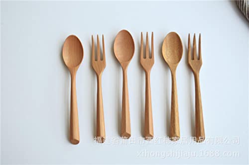 HIKOAN Triangular Handle Wooden Spoon Fork Set Dessert Wooden Spoon Wooden Fork Student Portable Spoon Fork Beechwoodspoon