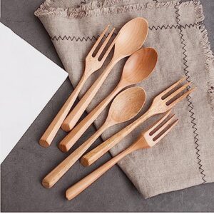 HIKOAN Triangular Handle Wooden Spoon Fork Set Dessert Wooden Spoon Wooden Fork Student Portable Spoon Fork Beechwoodspoon